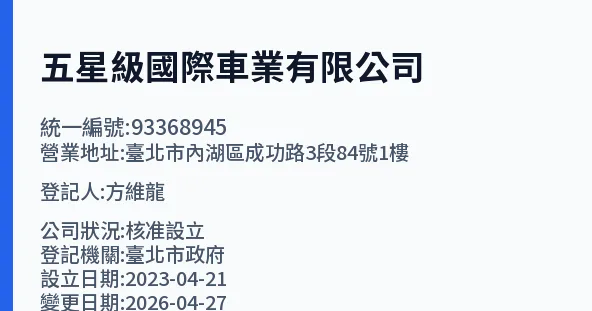 五星級國際車業有限公司的照片-統編 93368945(臺北市) 公司登記資料與營業項目詳細圖表