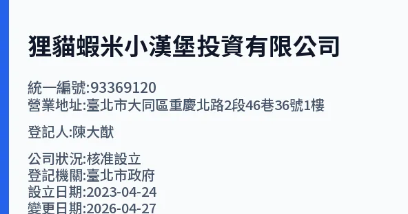 狸貓蝦米小漢堡投資有限公司的照片-統編 93369120(臺北市) 公司登記資料與營業項目詳細圖表