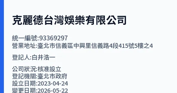 克麗德台灣娛樂有限公司的照片-統編 93369297(臺北市) 公司登記資料與營業項目詳細圖表