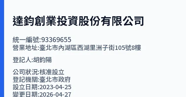 達鈞創業投資股份有限公司的照片-統編 93369655(臺北市) 公司登記資料與營業項目詳細圖表