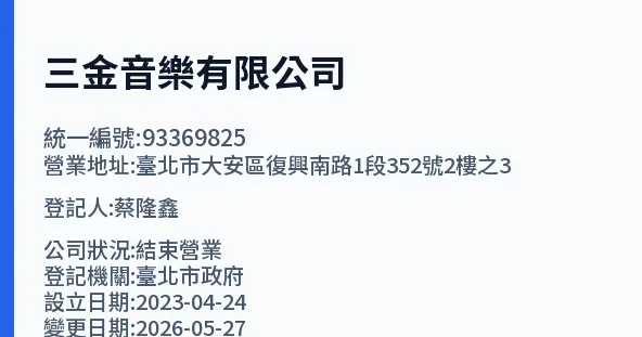 三金音樂有限公司的照片-統編 93369825(臺北市) 公司登記資料與營業項目詳細圖表