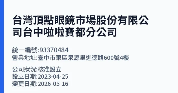 台灣頂點眼鏡市場股份有限公司台中啦啦寶都分公司的照片-統編 93370484(臺中市) 公司登記資料與營業項目詳細圖表