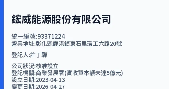 鋐威能源股份有限公司的照片-統編 93371224(彰化縣) 公司登記資料與營業項目詳細圖表