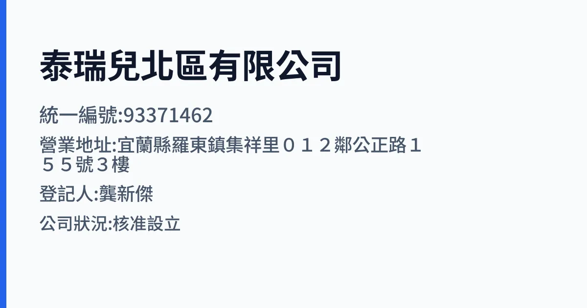 泰瑞兒北區有限公司 - 統編 93371462(宜蘭縣) 公司登記資料與營業項目詳細圖表