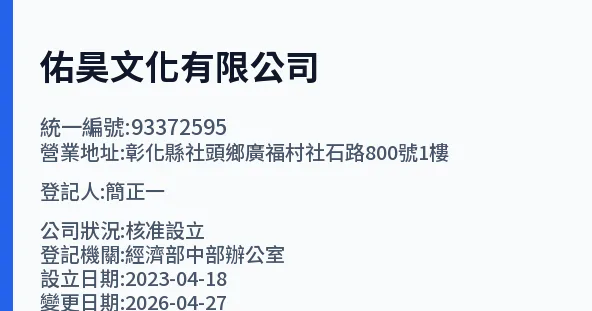 佑昊文化有限公司的照片-統編 93372595(彰化縣) 公司登記資料與營業項目詳細圖表