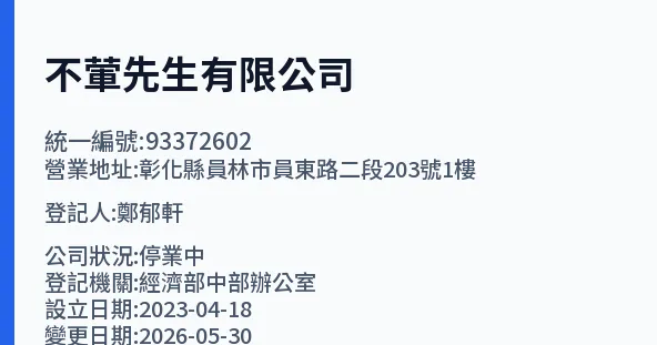 不葷先生有限公司的照片-統編 93372602(彰化縣) 公司登記資料與營業項目詳細圖表