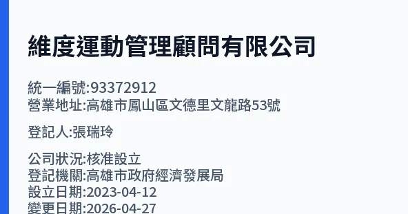 維度運動管理顧問有限公司的照片-統編 93372912(高雄市) 公司登記資料與營業項目詳細圖表
