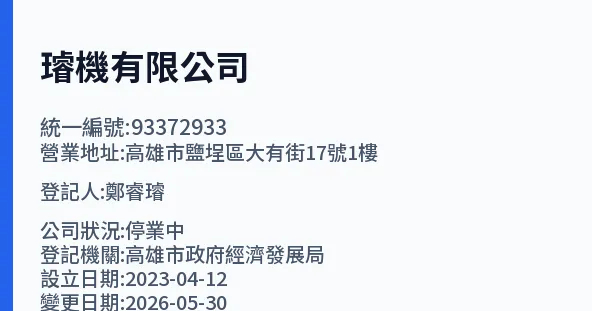 璿機有限公司的照片-統編 93372933(高雄市) 公司登記資料與營業項目詳細圖表