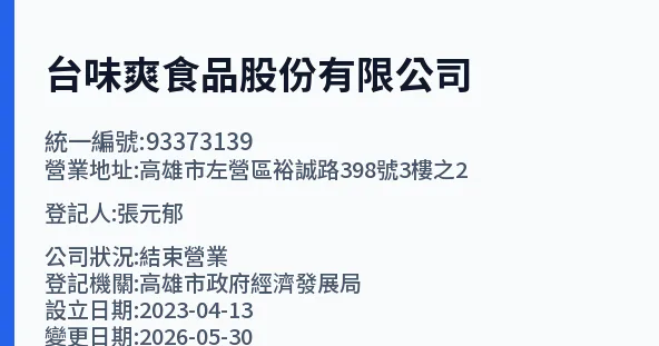 台味爽食品股份有限公司的照片-統編 93373139(高雄市) 公司登記資料與營業項目詳細圖表