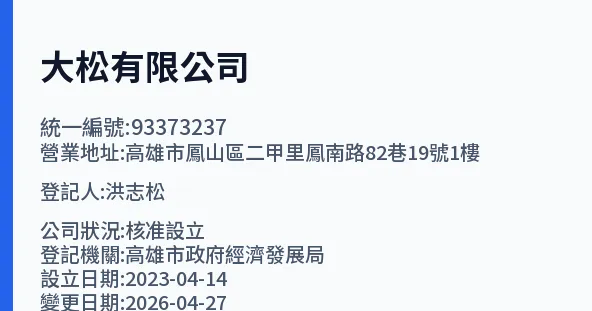 大松有限公司的照片-統編 93373237(高雄市) 公司登記資料與營業項目詳細圖表