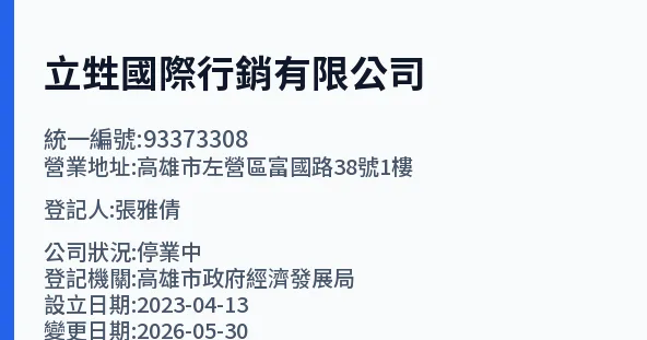 立甡國際行銷有限公司的照片-統編 93373308(高雄市) 公司登記資料與營業項目詳細圖表
