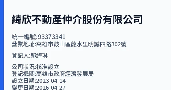 綺欣不動產仲介股份有限公司的照片-統編 93373341(高雄市) 公司登記資料與營業項目詳細圖表
