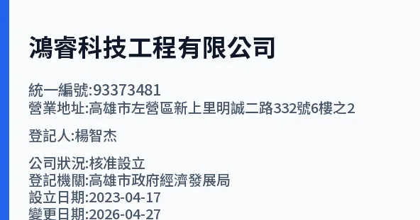 鴻睿科技工程有限公司的照片-統編 93373481(高雄市) 公司登記資料與營業項目詳細圖表