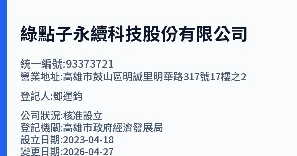 綠點子永續科技股份有限公司的照片-統編 93373721(高雄市) 公司登記資料與營業項目詳細圖表