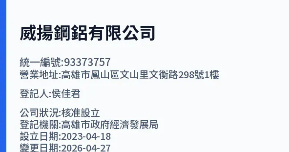 威揚鋼鋁有限公司的照片-統編 93373757(高雄市) 公司登記資料與營業項目詳細圖表