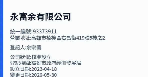 永富余有限公司的照片-統編 93373911(高雄市) 公司登記資料與營業項目詳細圖表