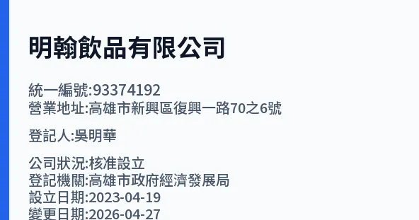 明翰飲品有限公司的照片-統編 93374192(高雄市) 公司登記資料與營業項目詳細圖表