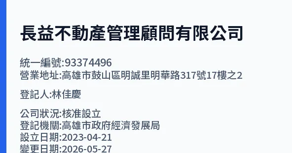 長益不動產管理顧問有限公司的照片-統編 93374496(高雄市) 公司登記資料與營業項目詳細圖表
