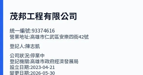 茂邦工程有限公司的照片-統編 93374616(高雄市) 公司登記資料與營業項目詳細圖表
