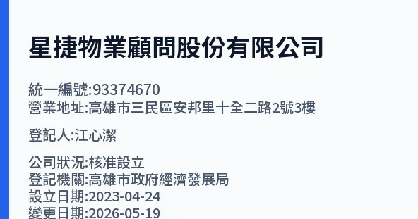 星捷物業顧問股份有限公司的照片-統編 93374670(高雄市) 公司登記資料與營業項目詳細圖表