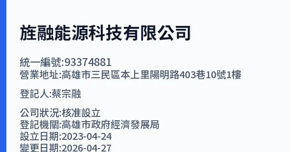 旌融能源科技有限公司的照片-統編 93374881(高雄市) 公司登記資料與營業項目詳細圖表