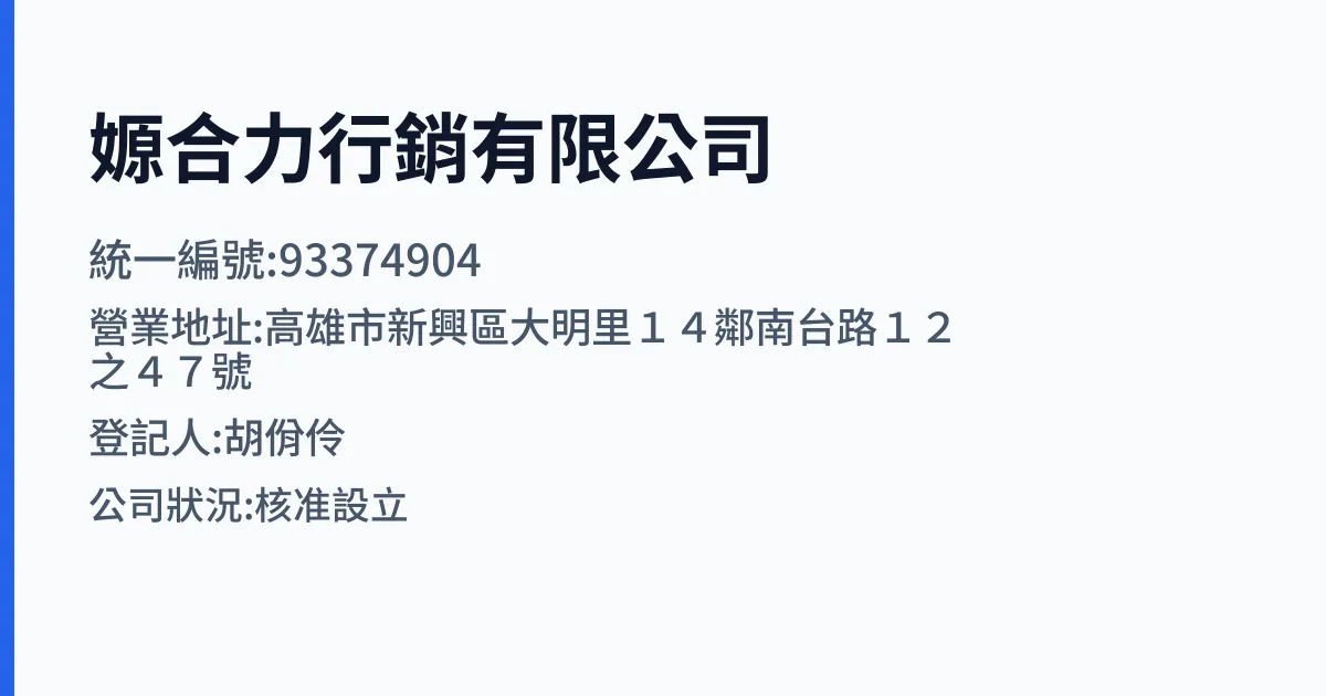 嫄合力行銷有限公司 - 統編 93374904(高雄市) 公司登記資料與營業項目詳細圖表