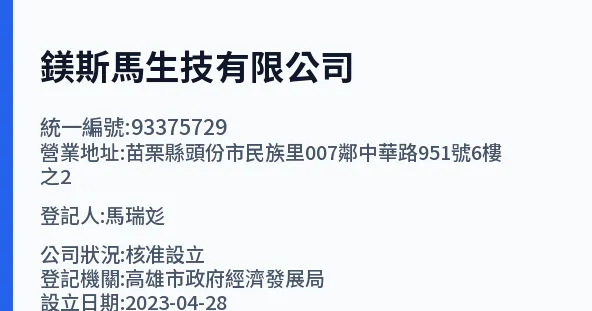 鎂斯馬生技有限公司的照片-統編 93375729(苗栗縣) 公司登記資料與營業項目詳細圖表