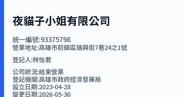夜貓子小姐有限公司的照片-統編 93375798(高雄市) 公司登記資料與營業項目詳細圖表