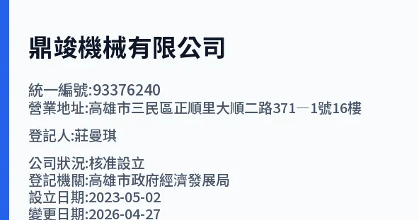 鼎竣機械有限公司的照片-統編 93376240(高雄市) 公司登記資料與營業項目詳細圖表