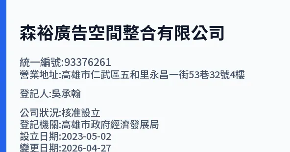 森裕廣告空間整合有限公司的照片-統編 93376261(高雄市) 公司登記資料與營業項目詳細圖表