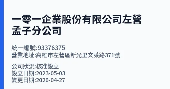 一零一企業股份有限公司左營孟子分公司的照片-統編 93376375(高雄市) 公司登記資料與營業項目詳細圖表