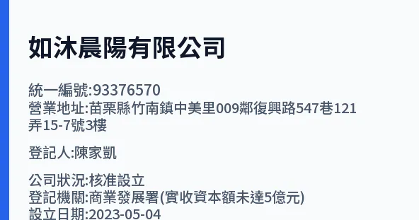 如沐晨陽有限公司的照片-統編 93376570(苗栗縣) 公司登記資料與營業項目詳細圖表