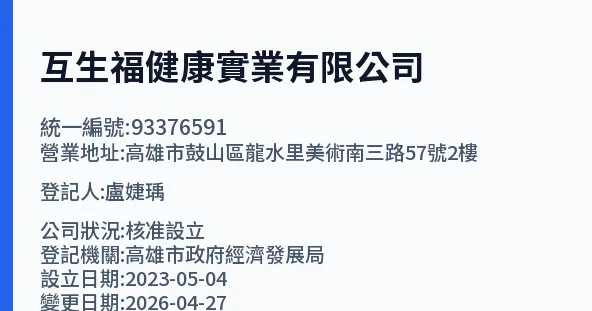 互生福健康實業有限公司的照片-統編 93376591(高雄市) 公司登記資料與營業項目詳細圖表
