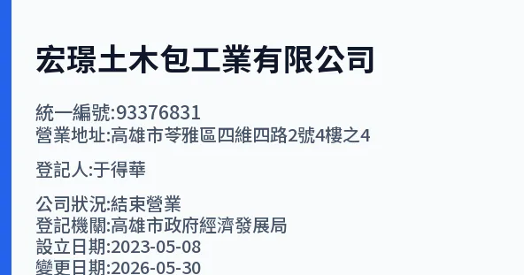 宏璟土木包工業有限公司的照片-統編 93376831(高雄市) 公司登記資料與營業項目詳細圖表