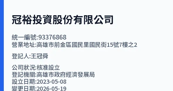 冠裕投資股份有限公司的照片-統編 93376868(高雄市) 公司登記資料與營業項目詳細圖表