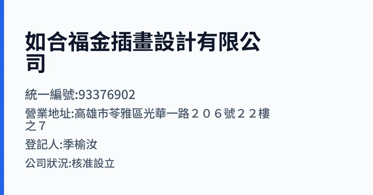 如合福金插畫設計有限公司 - 統編 93376902(高雄市) 公司登記資料與營業項目詳細圖表