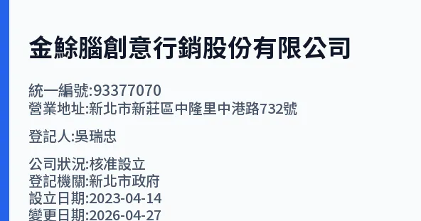 金鮽腦創意行銷股份有限公司的照片-統編 93377070(新北市) 公司登記資料與營業項目詳細圖表
