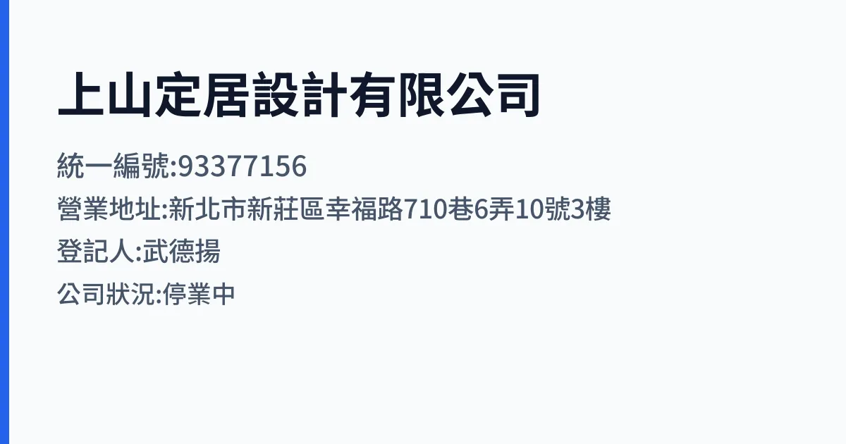 上山定居設計有限公司 - 統編 93377156(新北市) 公司登記資料與營業項目詳細圖表