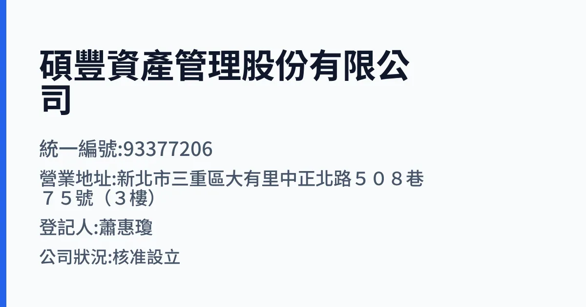 碩豐資產管理股份有限公司 - 統編 93377206(新北市) 公司登記資料與營業項目詳細圖表