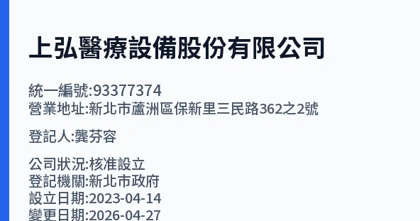 上弘醫療設備股份有限公司的照片-統編 93377374(新北市) 公司登記資料與營業項目詳細圖表