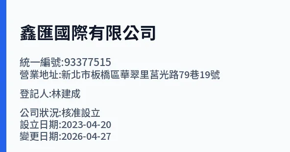 鑫匯國際有限公司的照片-統編 93377515(新北市) 公司登記資料與營業項目詳細圖表