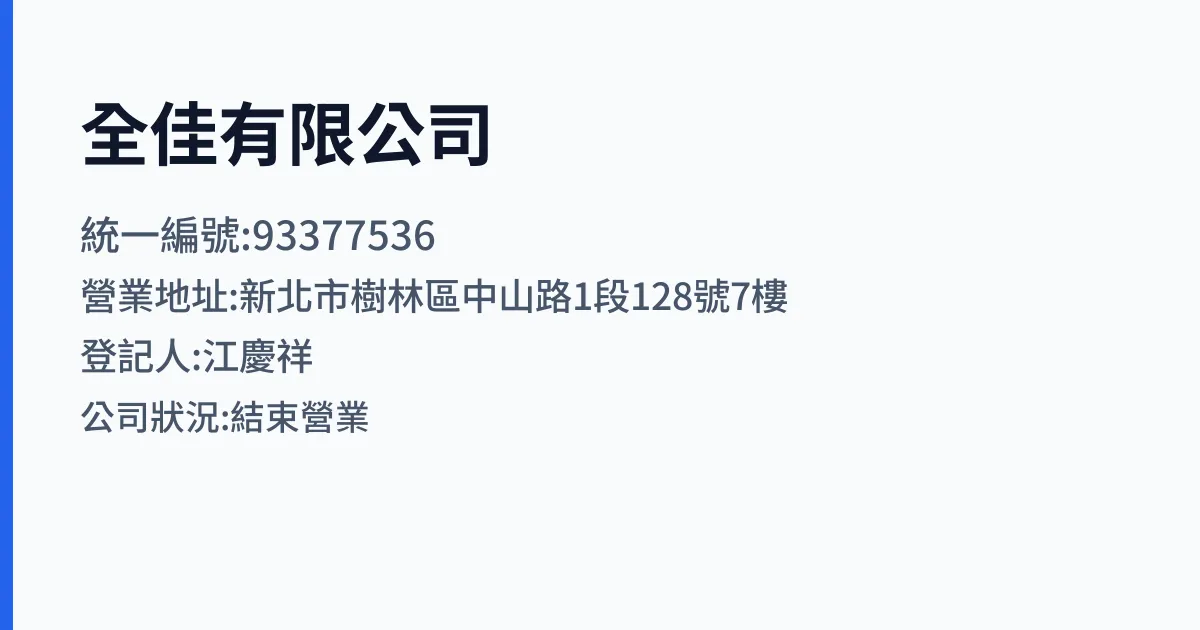 全佳有限公司 - 統編 93377536(新北市) 公司登記資料與營業項目詳細圖表
