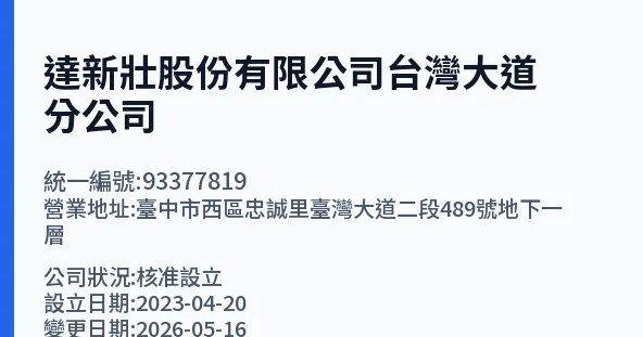 達新壯股份有限公司台灣大道分公司的照片-統編 93377819(臺中市) 公司登記資料與營業項目詳細圖表