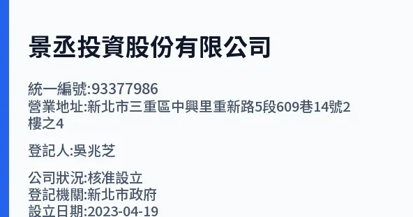 景丞投資股份有限公司的照片-統編 93377986(新北市) 公司登記資料與營業項目詳細圖表
