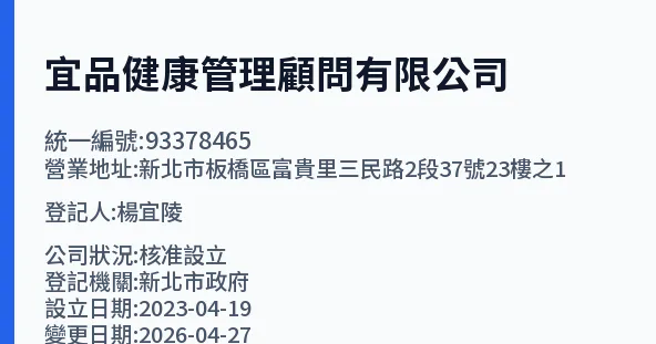 宜品健康管理顧問有限公司的照片-統編 93378465(新北市) 公司登記資料與營業項目詳細圖表