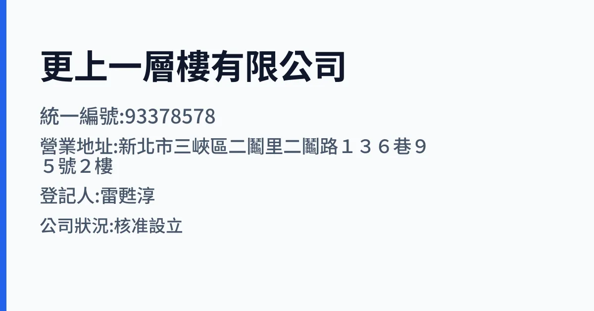 更上一層樓有限公司 - 統編 93378578(新北市) 公司登記資料與營業項目詳細圖表