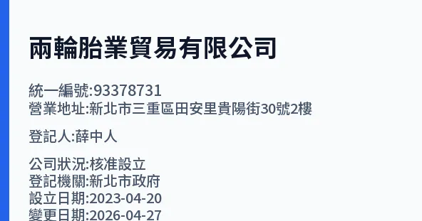 兩輪胎業貿易有限公司的照片-統編 93378731(新北市) 公司登記資料與營業項目詳細圖表