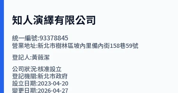 知人演繹有限公司的照片-統編 93378845(新北市) 公司登記資料與營業項目詳細圖表