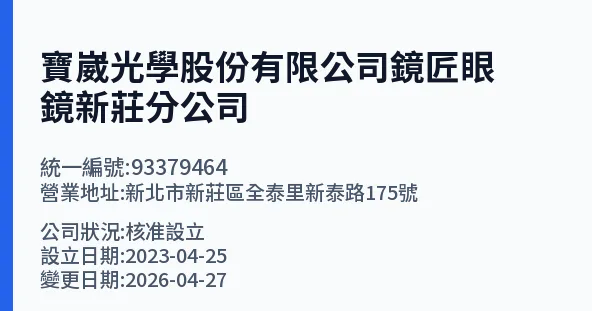 寶崴光學股份有限公司鏡匠眼鏡新莊分公司的照片-統編 93379464(新北市) 公司登記資料與營業項目詳細圖表