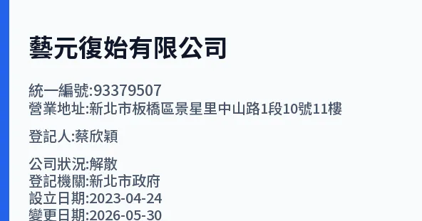 藝元復始有限公司的照片-統編 93379507(新北市) 公司登記資料與營業項目詳細圖表